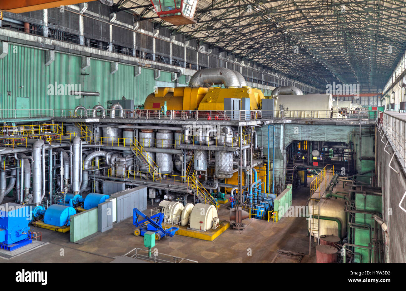 Machine room in thermal power plant with electric generators and ...