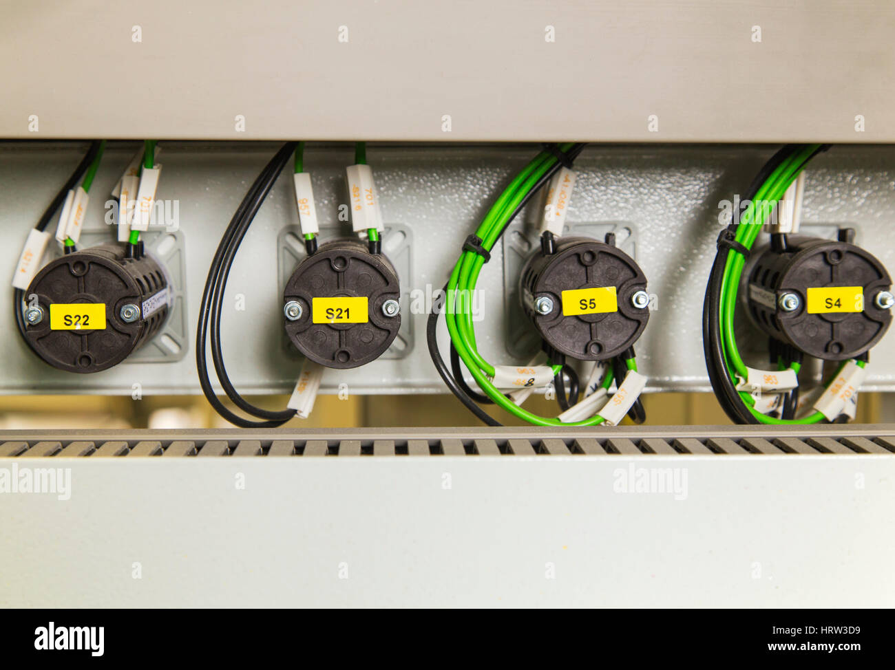 Electrical switches and wires on control panel Stock Photo - Alamy