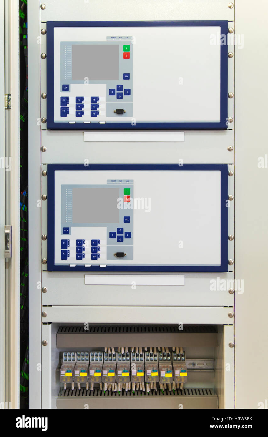 Electrical control panel with electronic devices in modern electrical ...