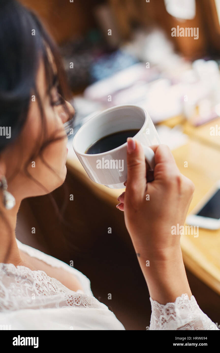 Coffee. Beautiful Girl Drinking Coffee Beauty Model Woman with the Cup ...