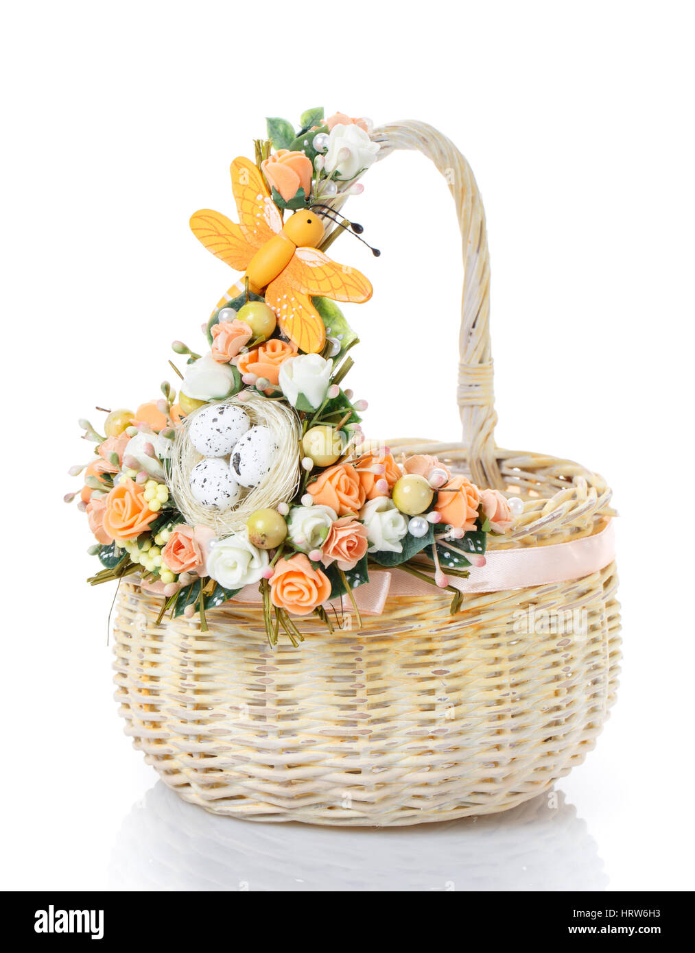 beautifully decorated empty wicker basket on a white background Stock ...