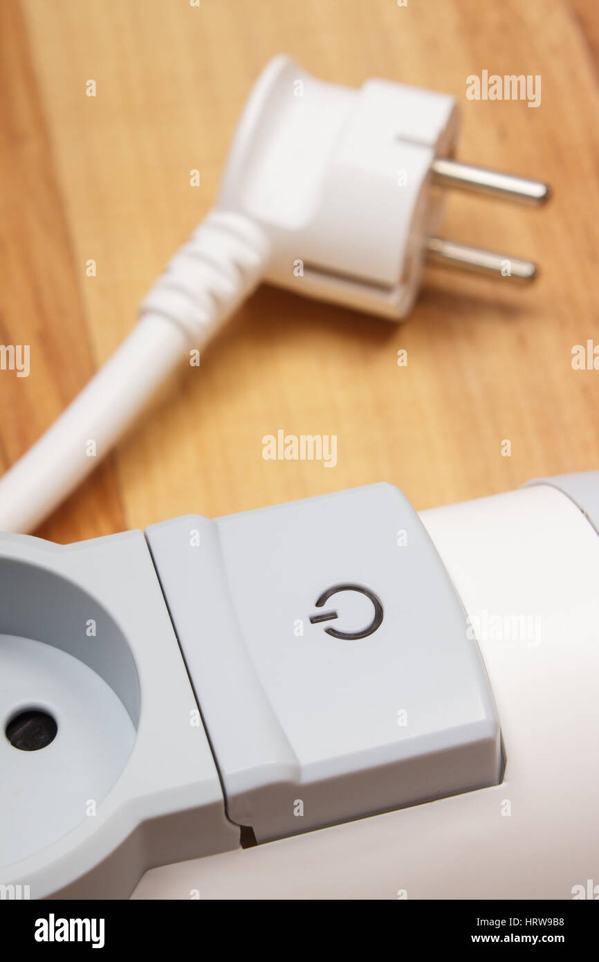 Electrical power strip with switch on-off on wooden floor, electrical ...