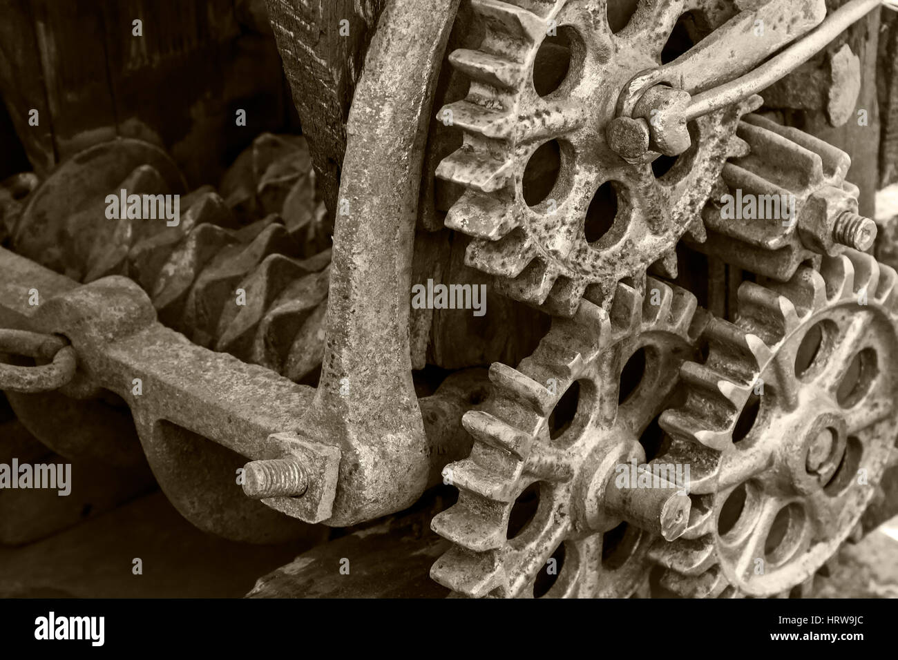 old industrial mechanism. rusty metal gears and cogwheels Stock Photo ...