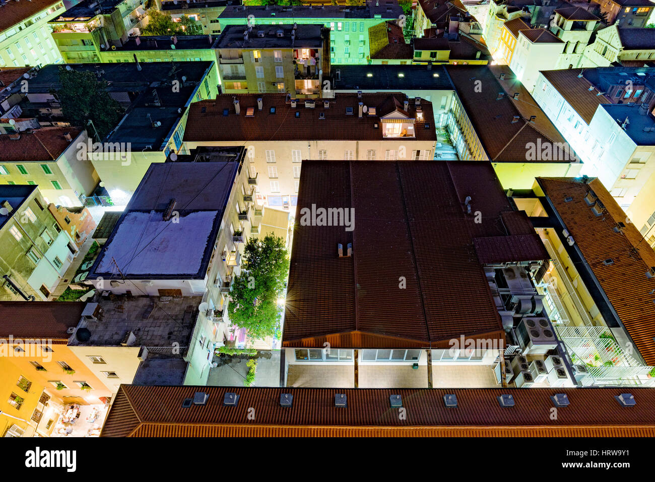 Ariel view of buildings at night Stock Photo - Alamy