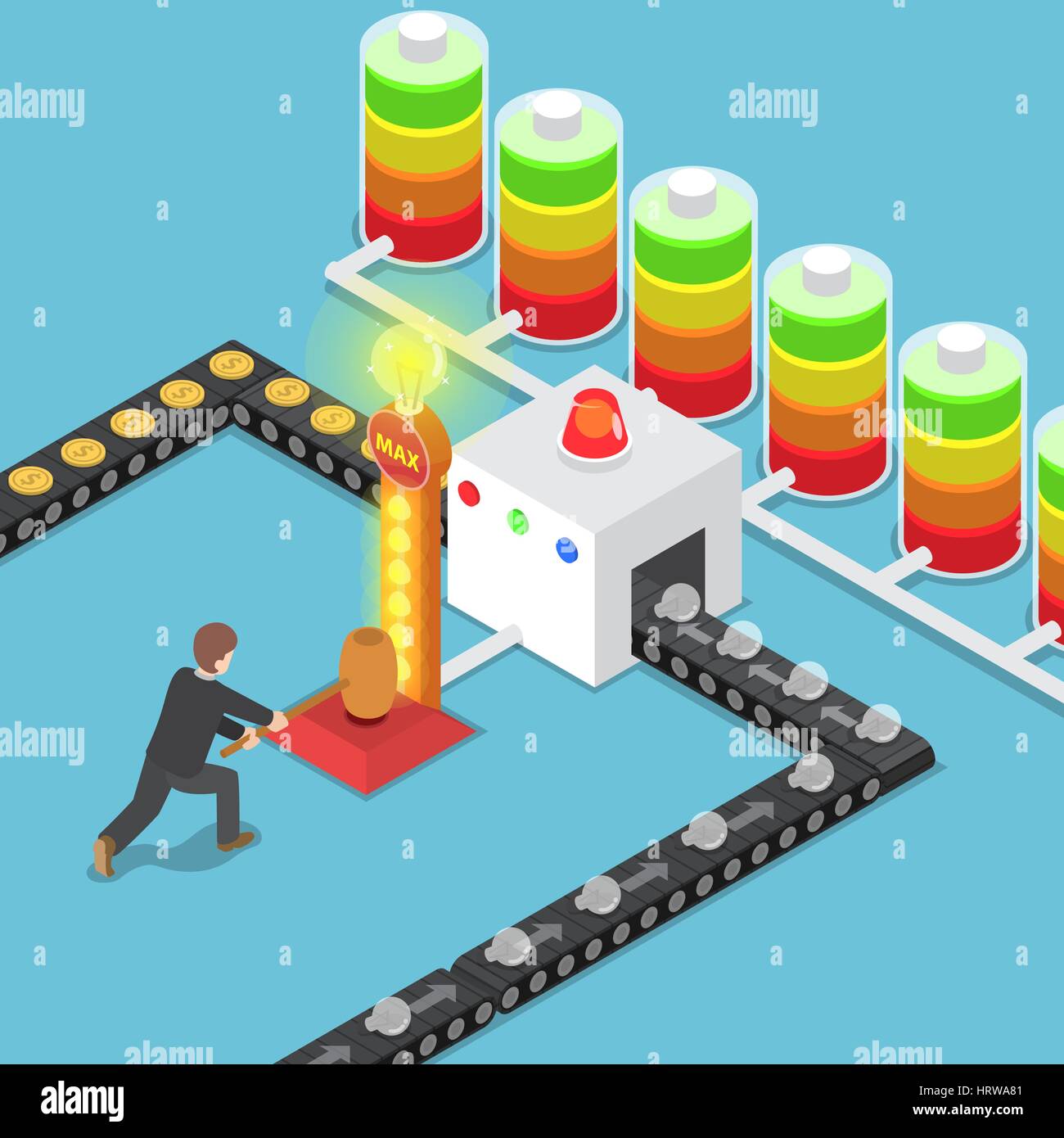 Isometric businessmen use power to create good idea and turn it into ...