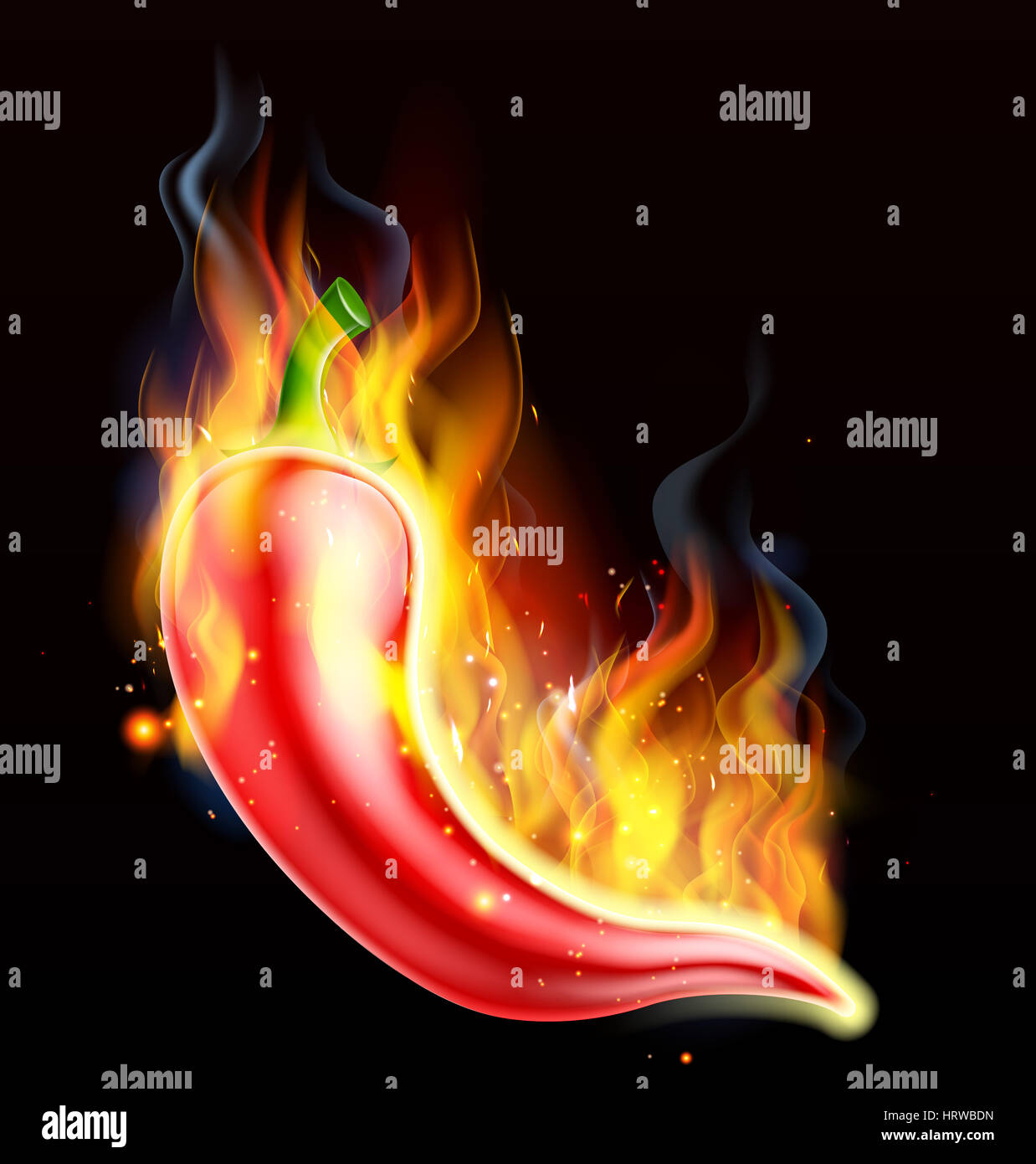 A hot spicy red chilli pepper on fire, covered in flames Stock Photo ...