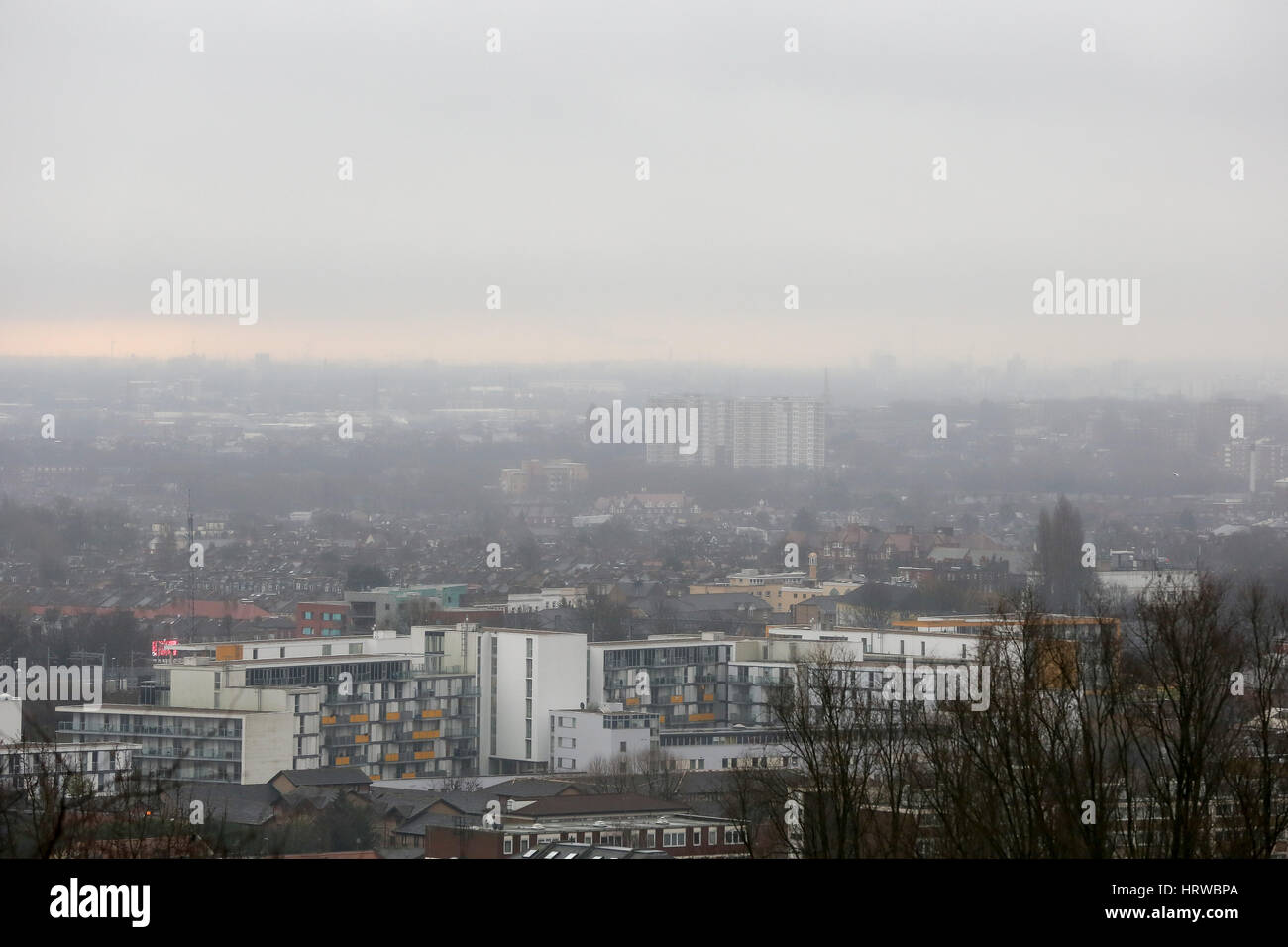The view of London from Alexandra Palace, covered in morning mist and ...