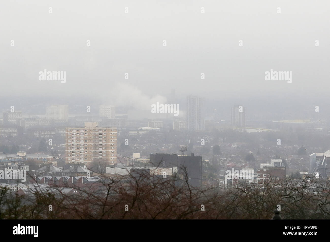 The view of London from Alexandra Palace, covered in morning mist and ...