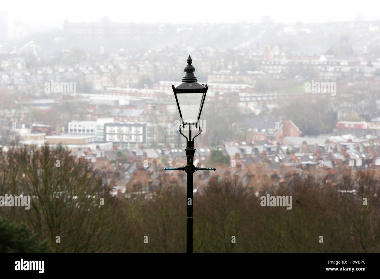 The view of London from Alexandra Palace, covered in morning mist and ...