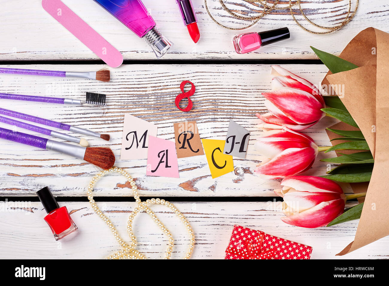 Cosmetic products and tulips. How to creatively congratulate women ...