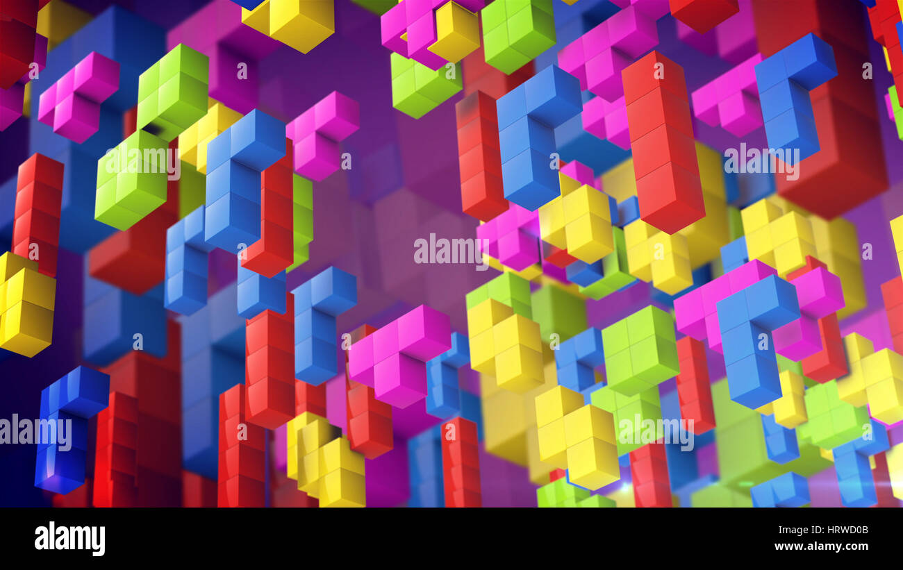 Colored blocks from retro tetris game in 3d view. 3d rendirng Stock ...