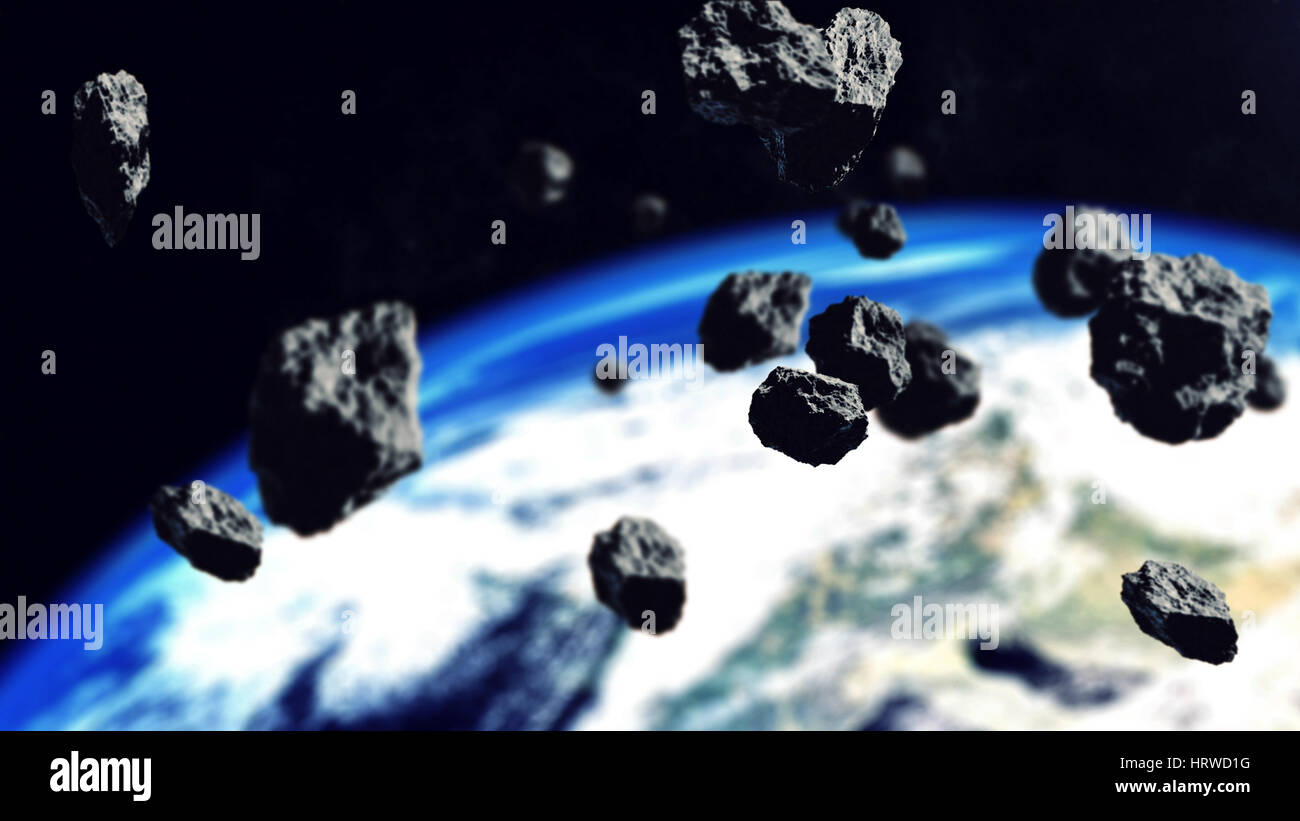 3d rendering of Belt asteroids in space on the Earth planetbackground ...