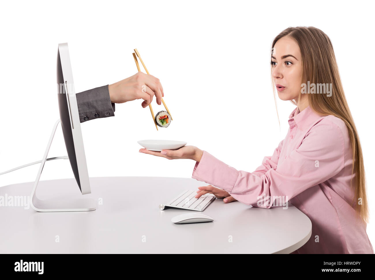 Internet Food ordering and instant Delivery young Woman makes Order at ...