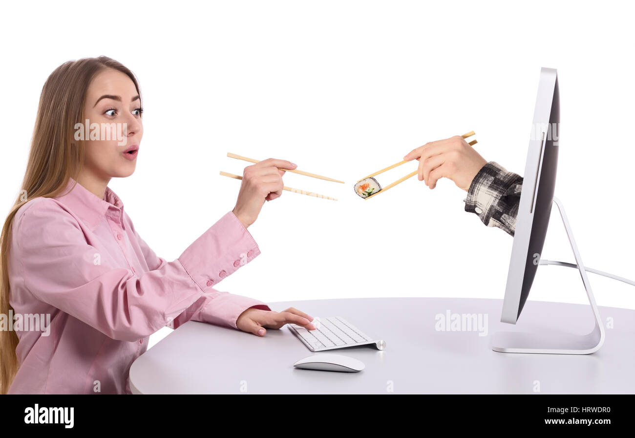 Internet Food ordering and instant Delivery young Woman makes Order at ...