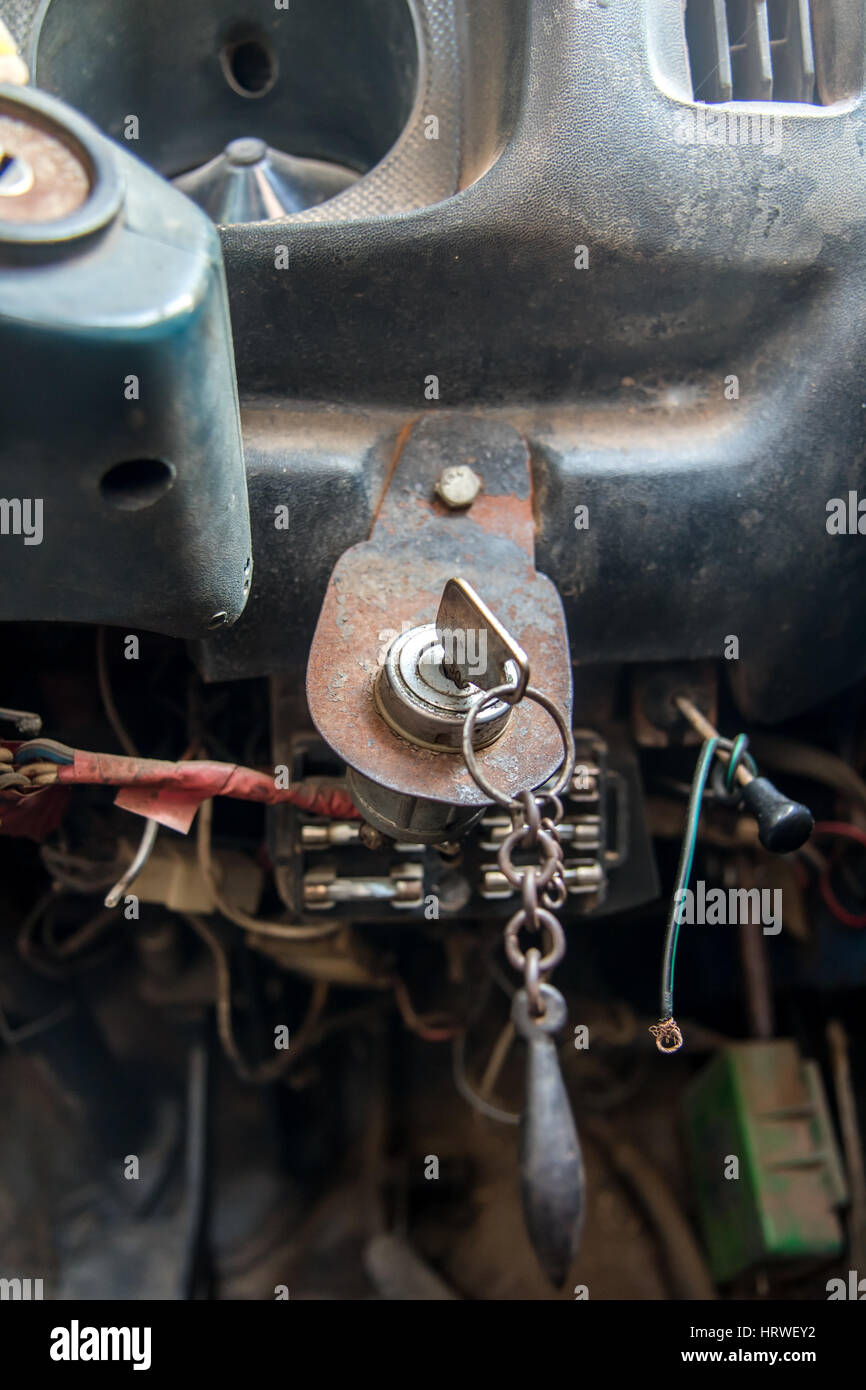 Interior of old car with the ignition key and dashboard Stock Photo - Alamy