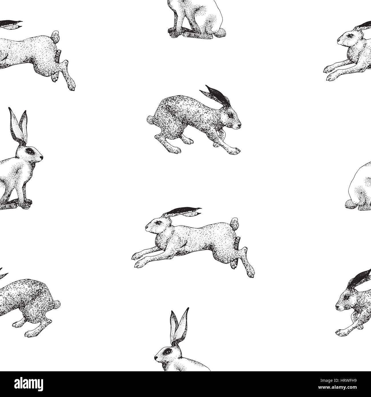 Vector hand drawing pattern with rabbits silhouette in vintage style ...