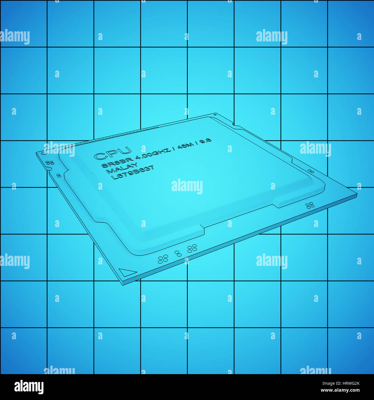 Cpu Blue Print Thin Line Illustration Black Outline Symbol On Blue Background 3d Rendering