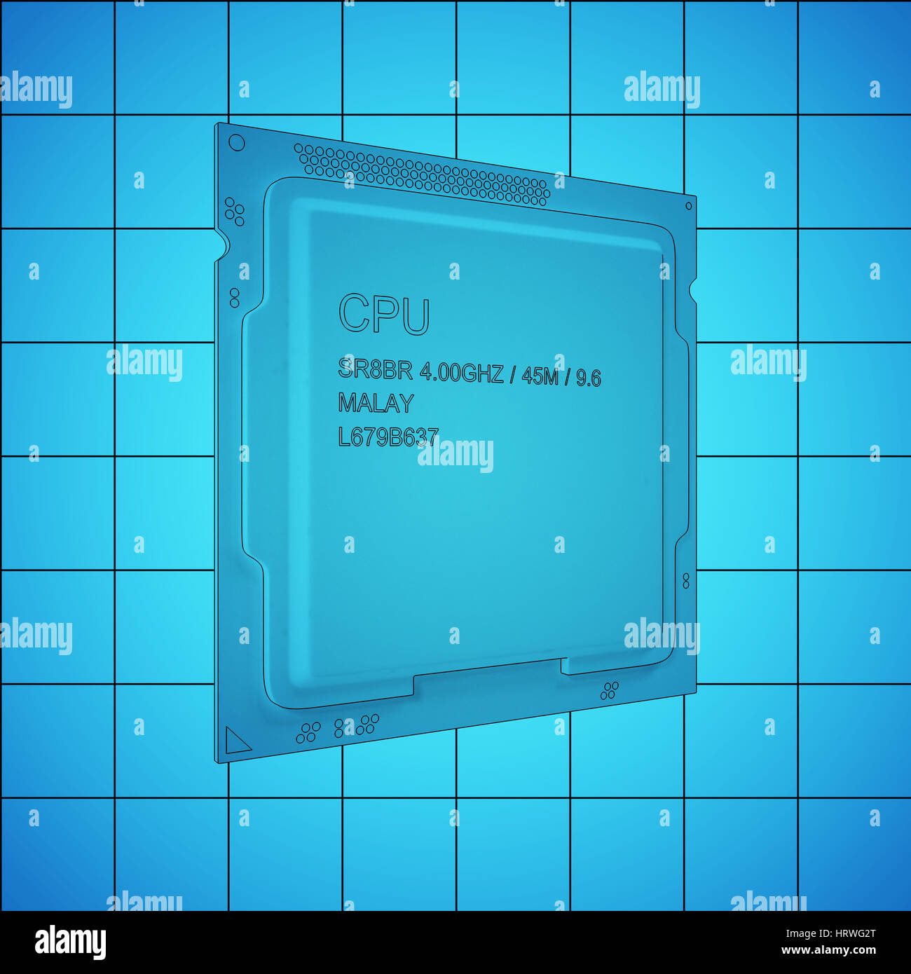 CPU blue print, thin line illustration, black outline symbol on blue ...