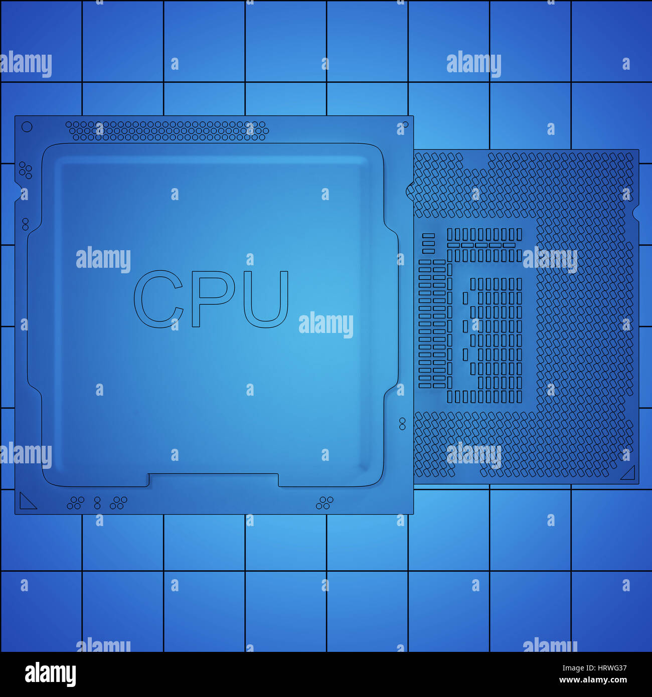 Engineer working on blue print, concept Processor Unit CPU. 3d ...
