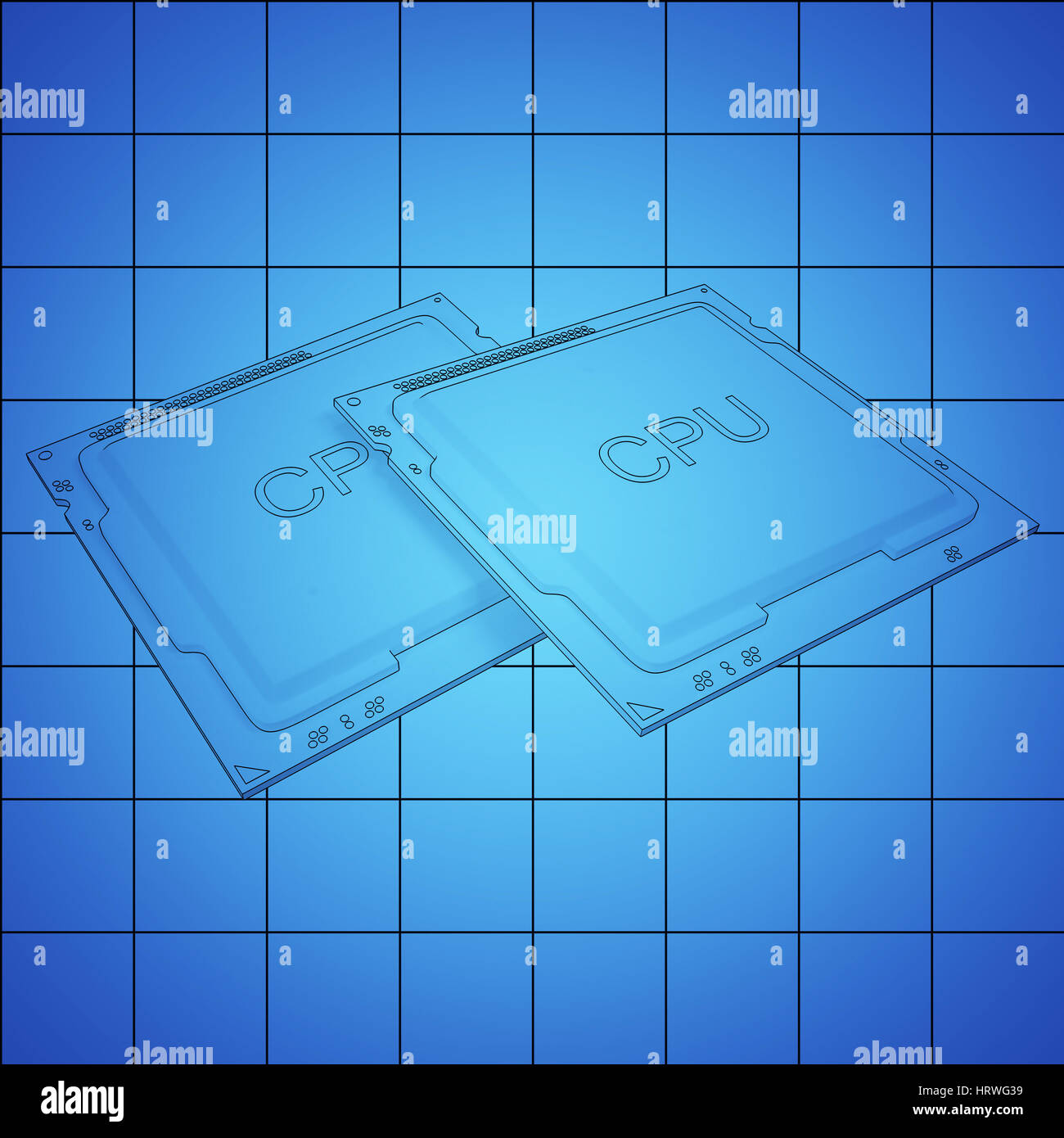 Engineer working on blue print, concept Processor Unit CPU. 3d ...