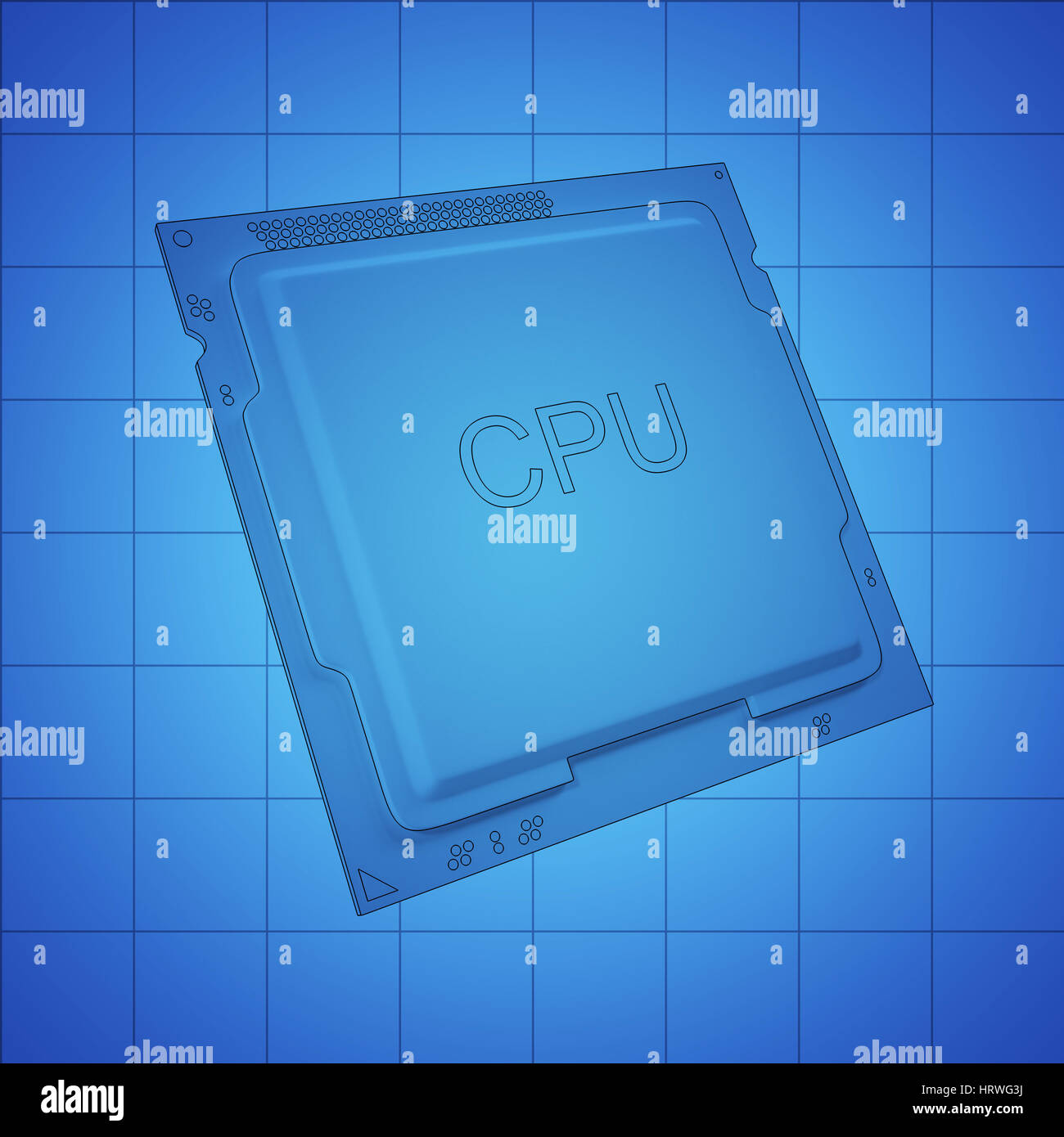 CPU blue print, thin line illustration, black outline symbol on blue ...