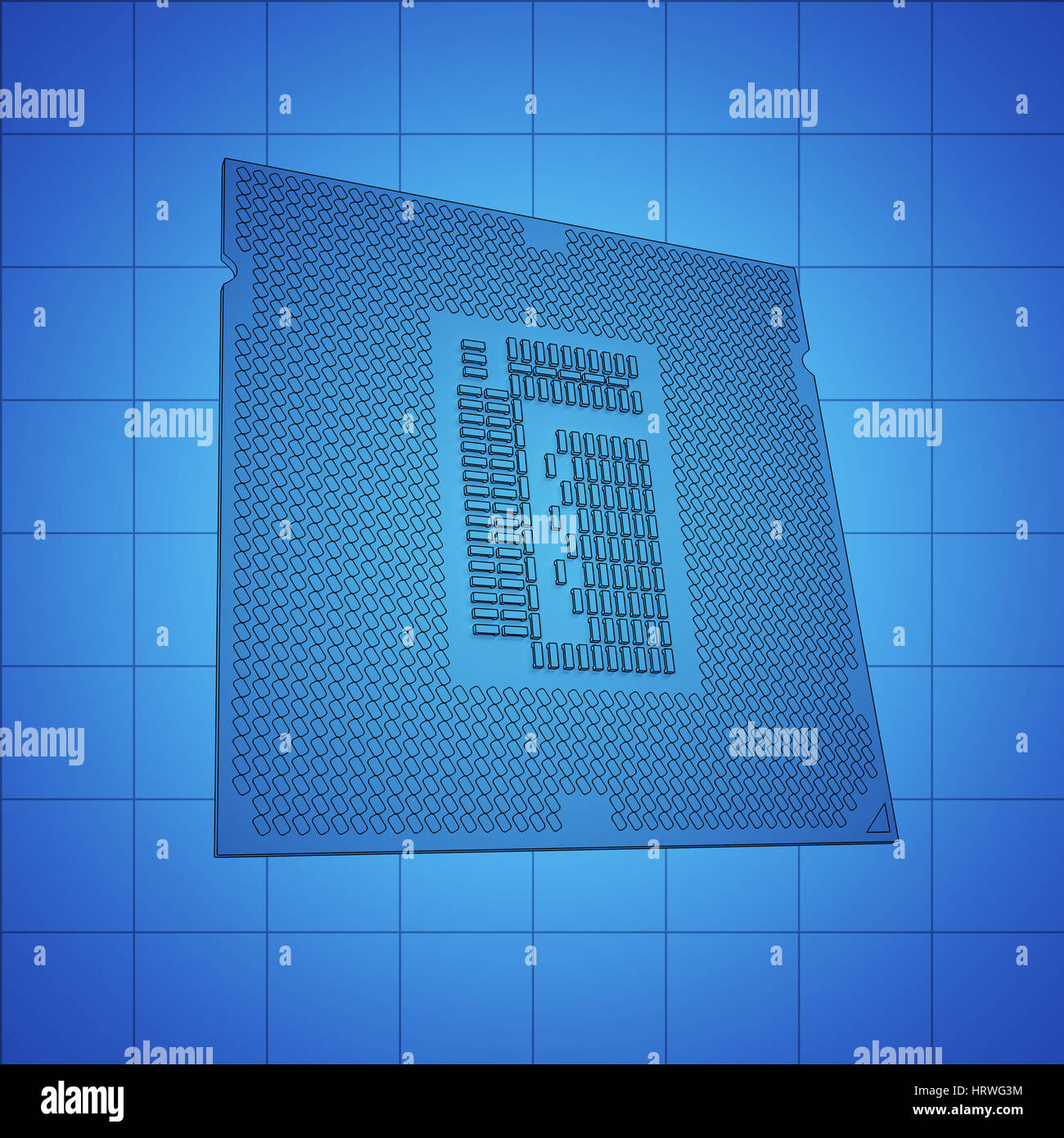 CPU blue print, thin line illustration, black outline symbol on blue ...