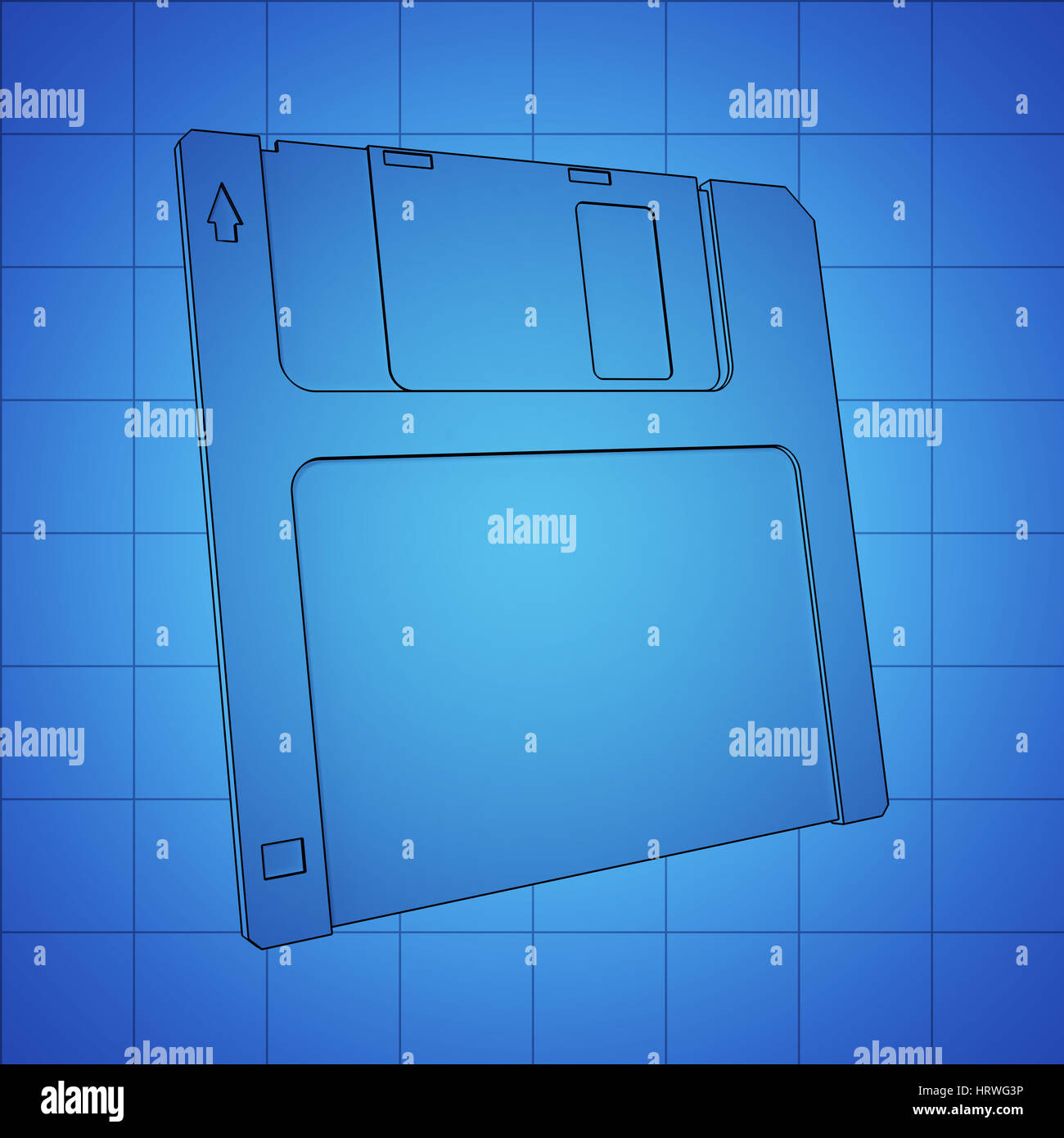 Floppy Disk blue print, thin line illustration, black outline symbol on ...