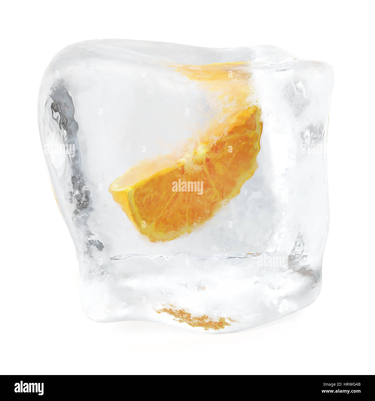 Slice Orange frozen in ice cube. Ice cube in front view, single ice ...