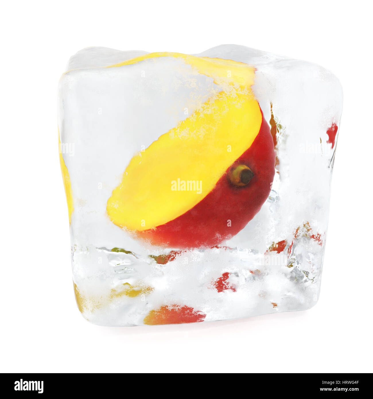 Slice Mango frozen in ice cube, ice cube in front view, single ice cube ...