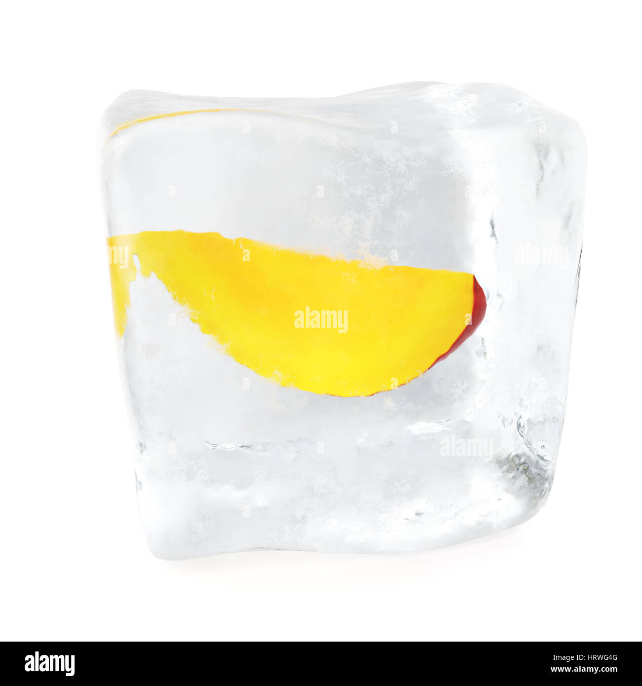 Slice Mango frozen in ice cube, ice cube in front view, single ice cube ...