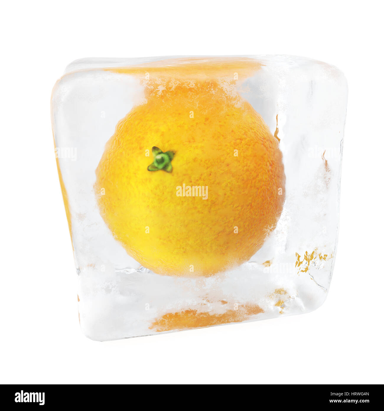 Orange frozen in ice cube. Ice cube in front view, single ice cube ...