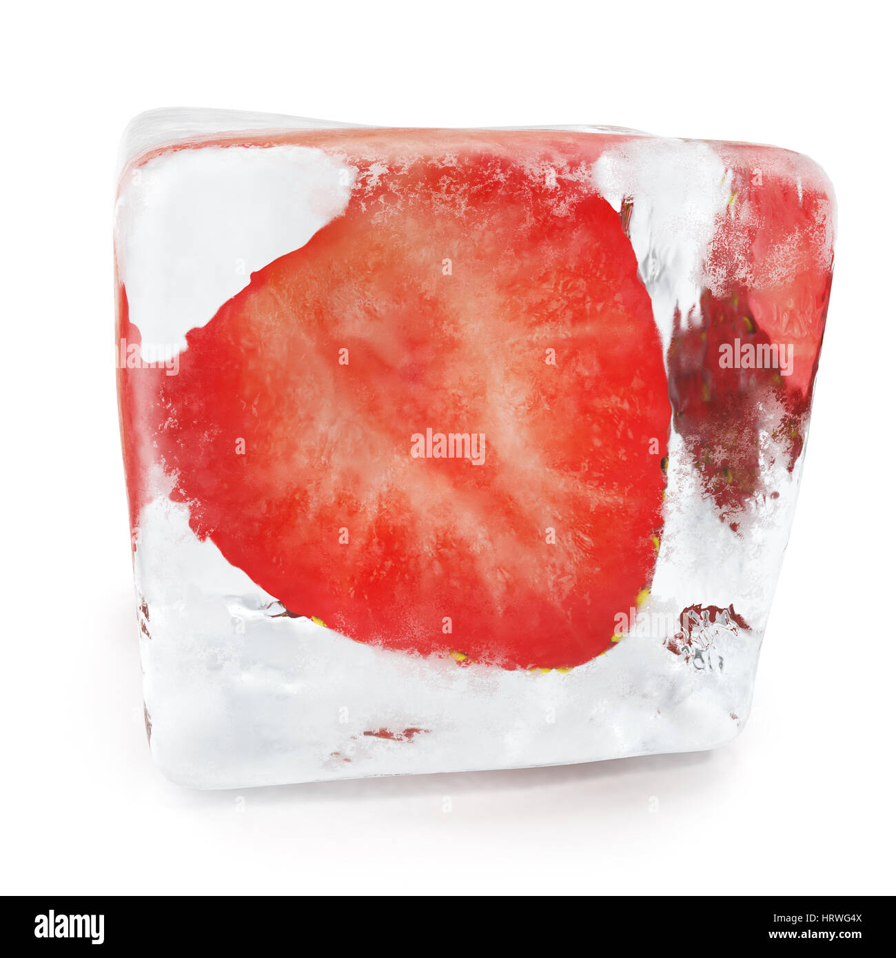 Slice Strawberry frozen in ice cube, ice cube in front, single ice cube ...