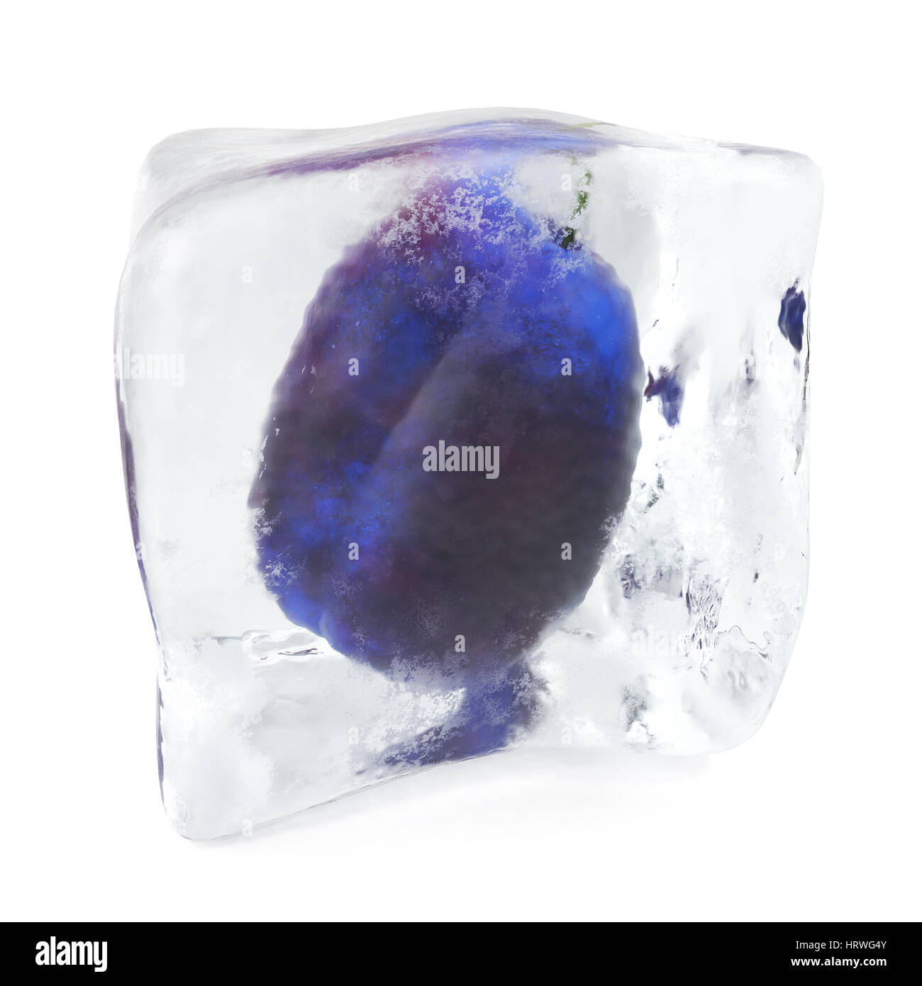 Plum frozen in ice cube, ice cube in front, single ice cube isolated on ...