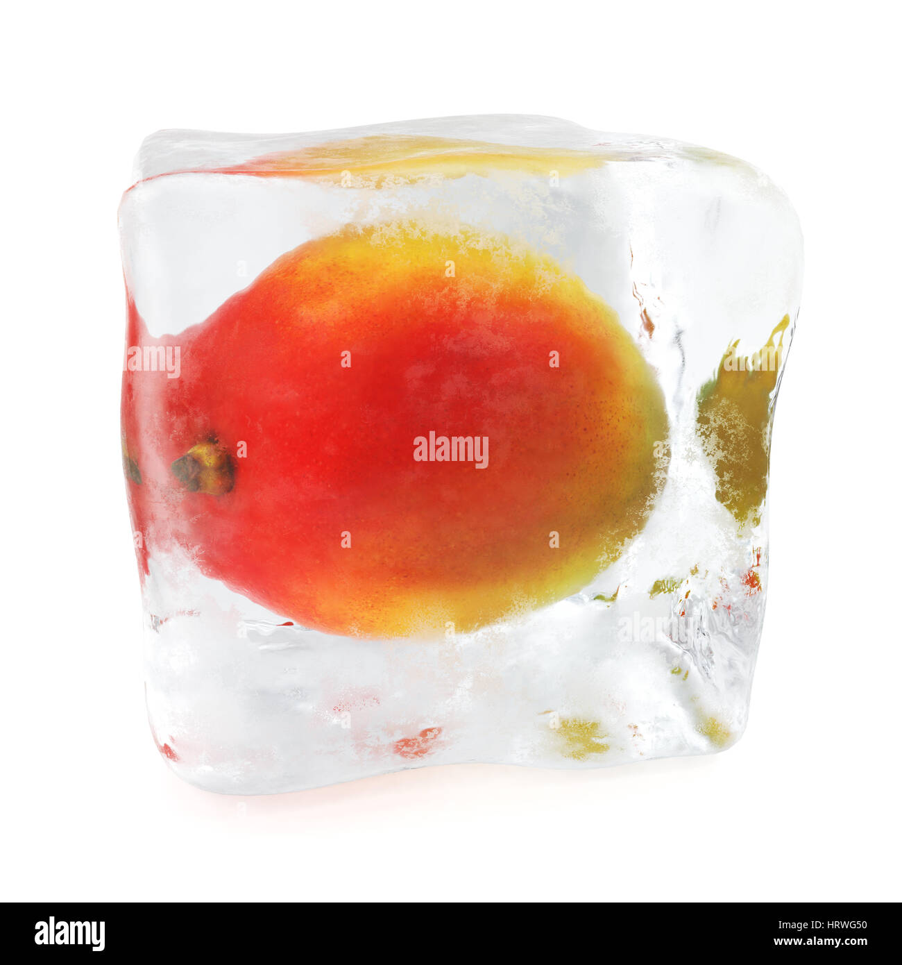 Mango frozen in ice cube, ice cube in front view, single ice cube ...
