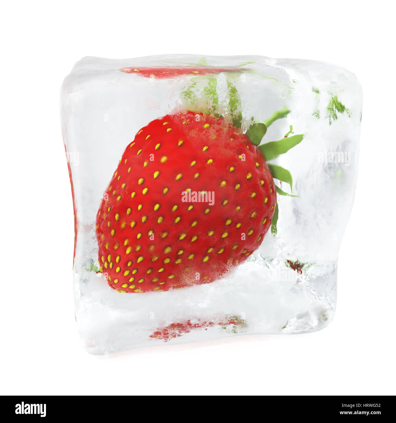 Strawberry frozen in ice cube, ice cube in front view, single ice cube ...