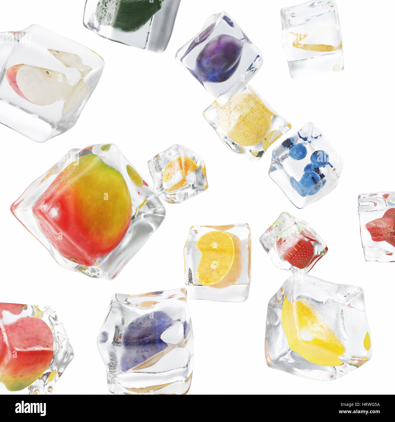 Fruits frozen in ice cube, ice cube in front view, single ice cube ...