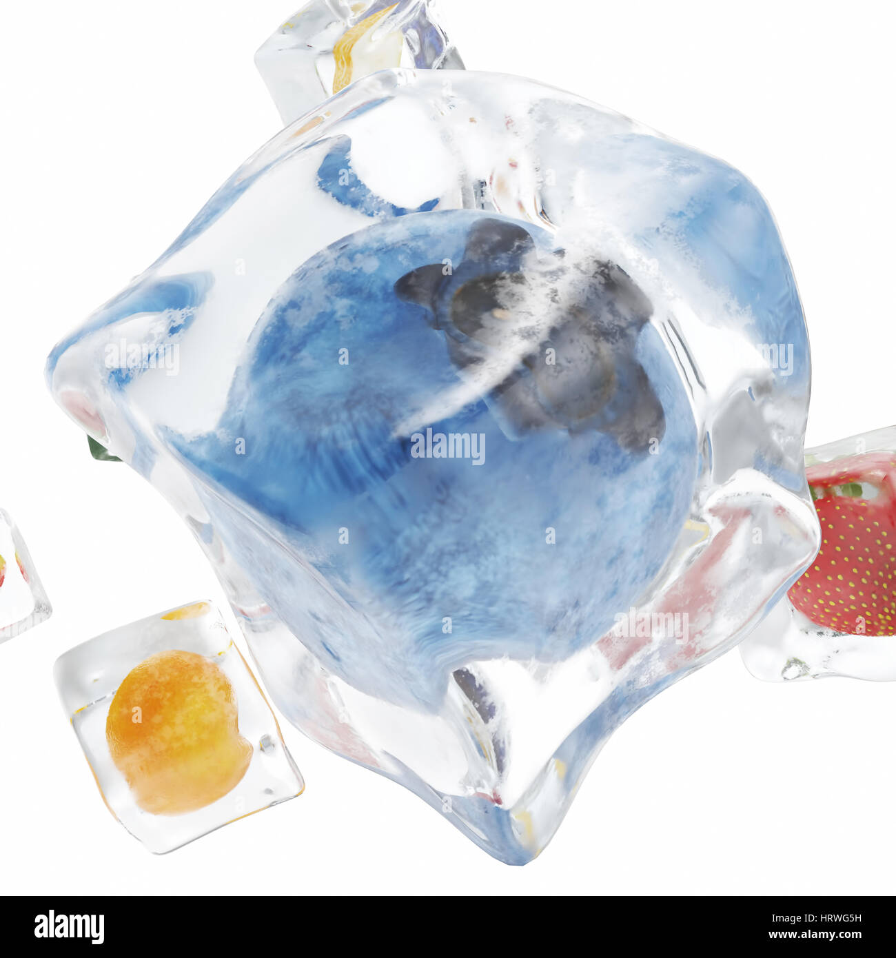 Fruits frozen in ice cube, ice cube in front view, single ice cube ...