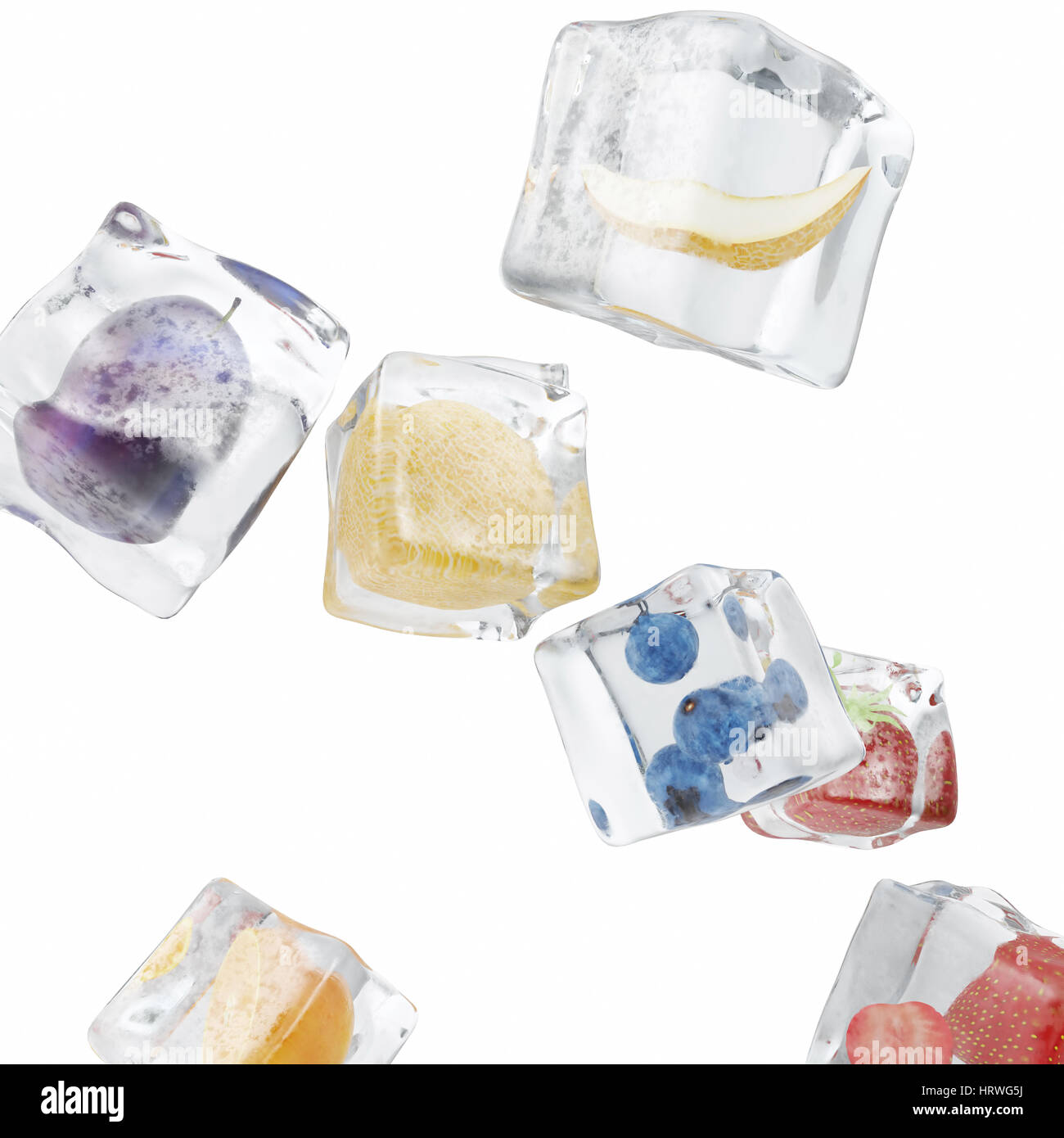 Fruits frozen in ice cube, ice cube in front view, single ice cube ...