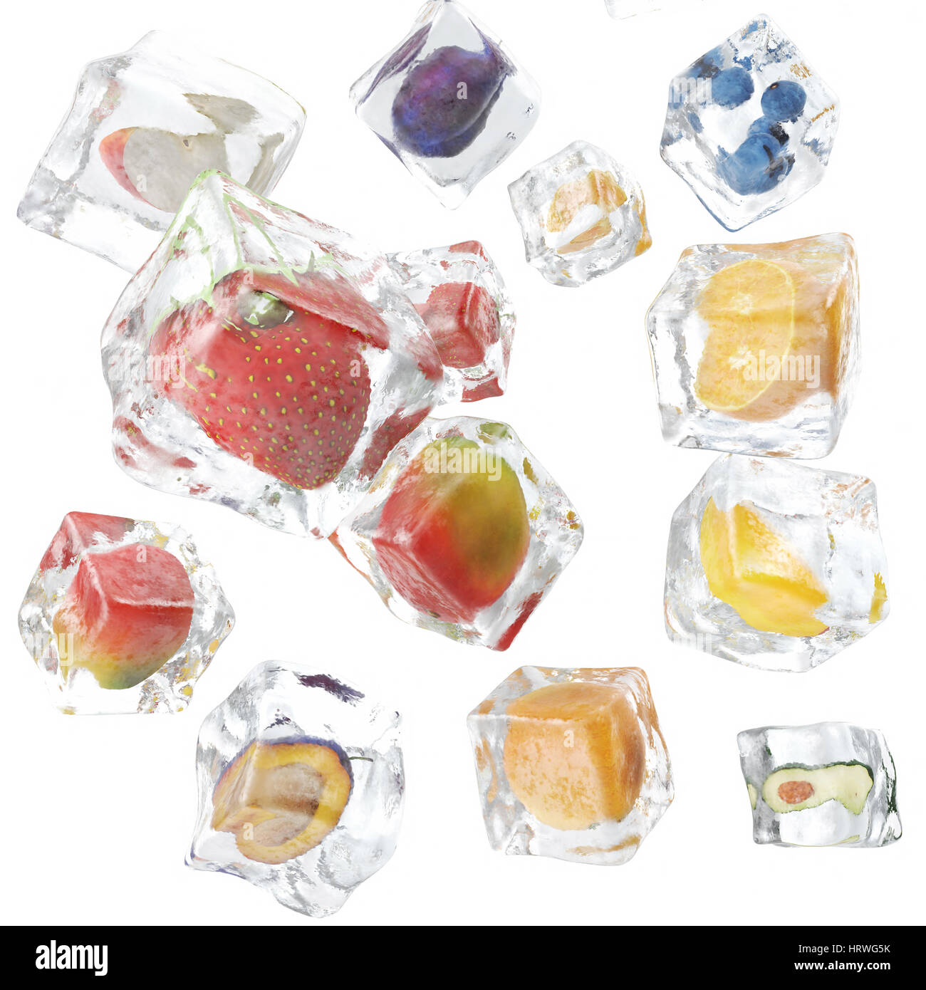 Fruits frozen in ice cube, ice cube in front view, single ice cube ...