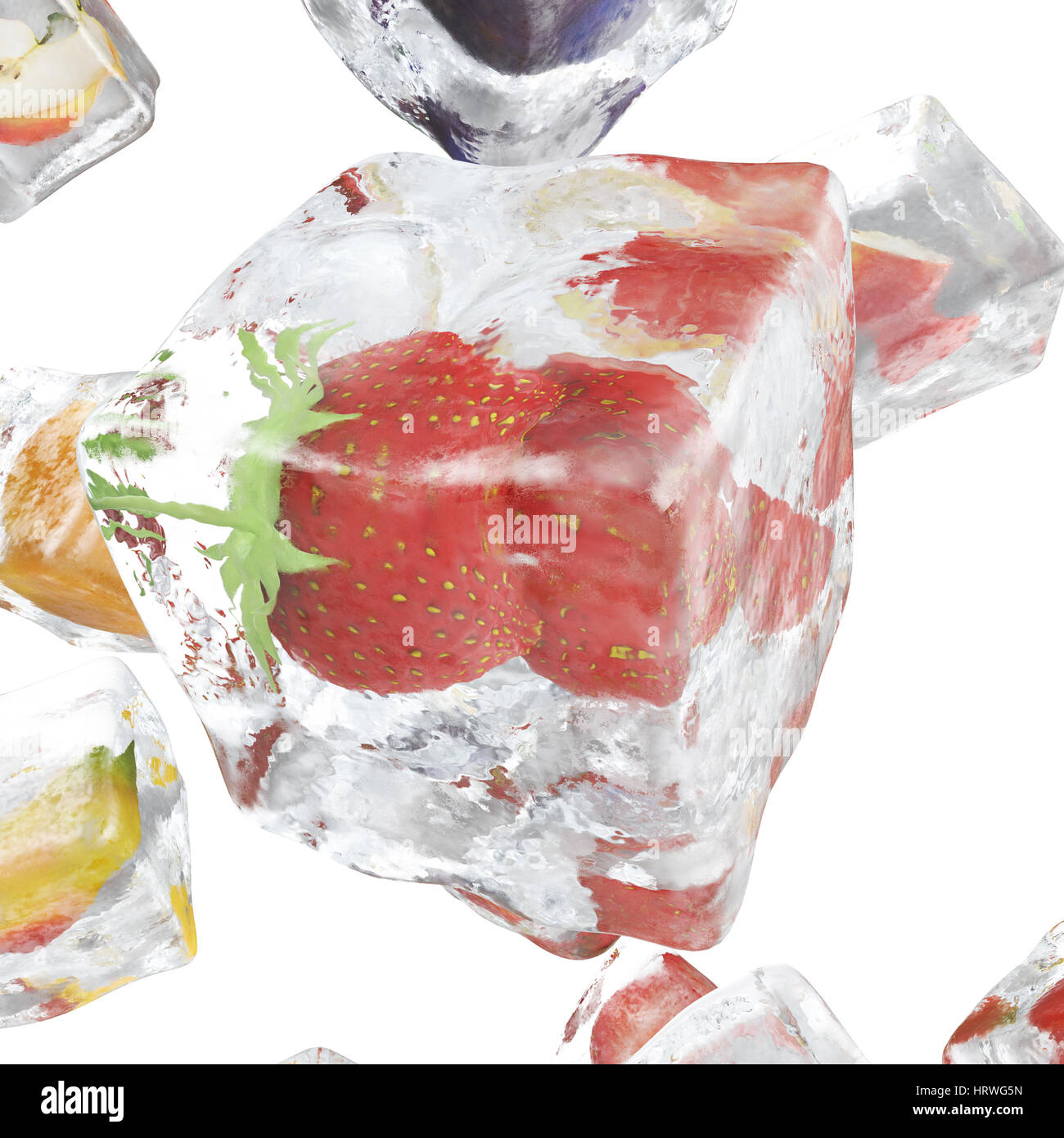 Fruits frozen in ice cube, ice cube in front view, single ice cube ...