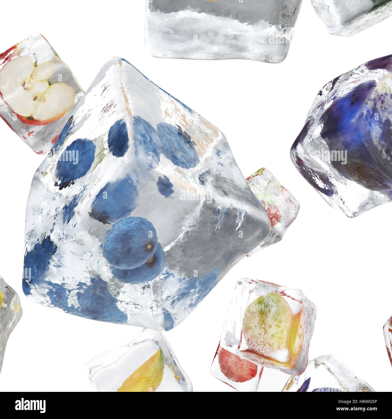 Fruits frozen in ice cube, ice cube in front view, single ice cube ...