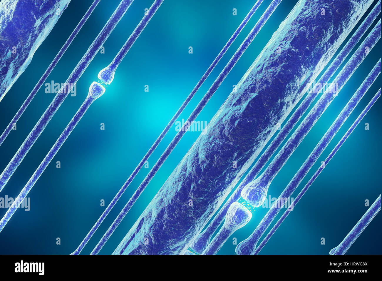 Neurons transmission signals in the head on blue background. Synapse ...