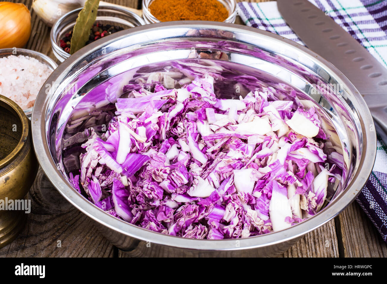 Chopped red cabbage in a metal bowl. Studio Photo Stock Photo - Alamy