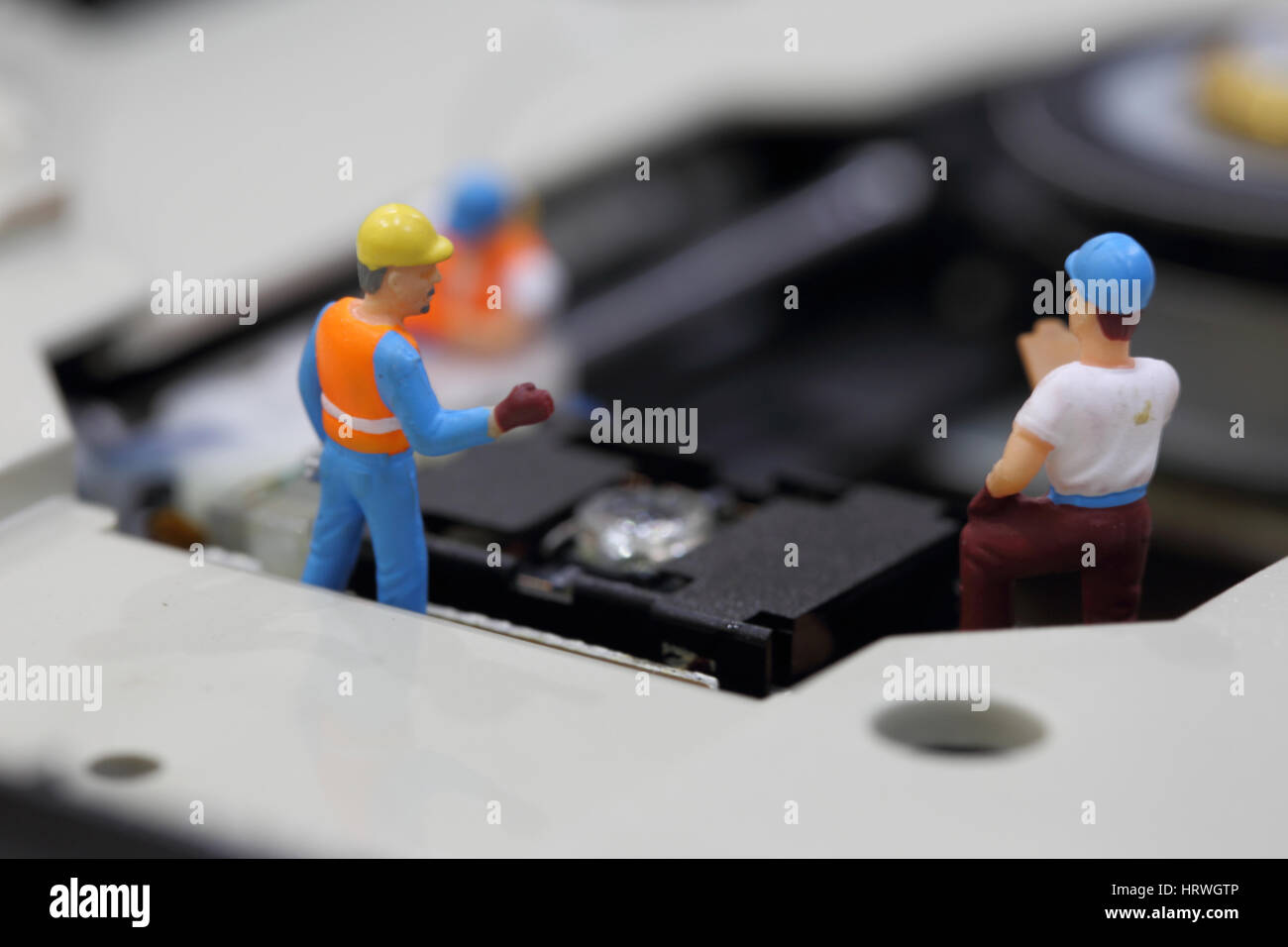 Selective focus of miniature engineer and worker meeting and talk about ...