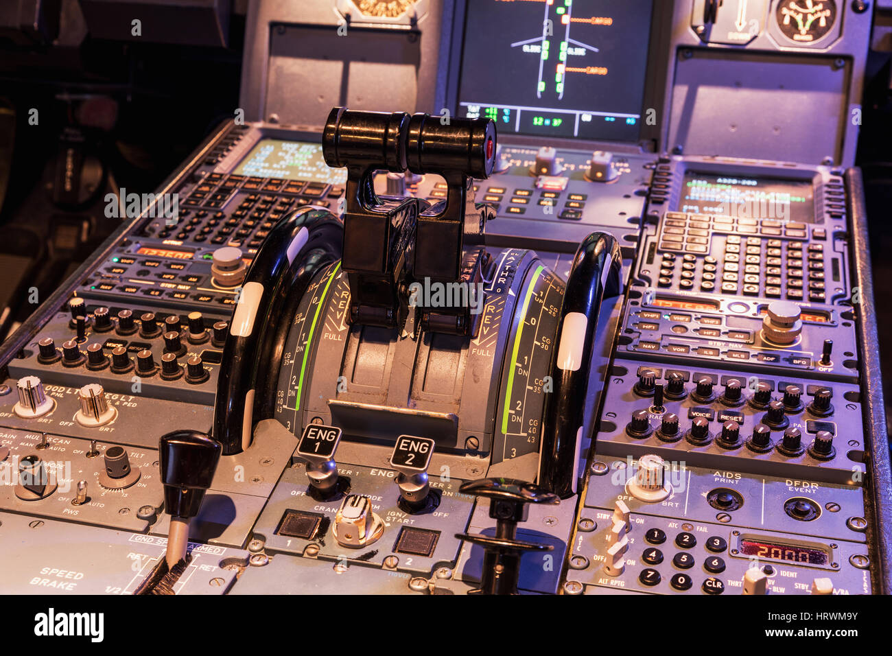 Airplan control stick in side pilot cockpit. Engine lever in the ...