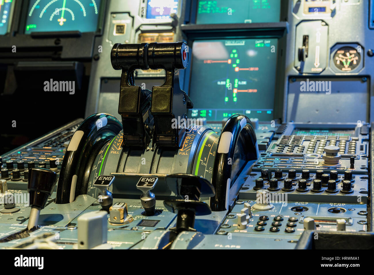 Airplan control stick in side pilot cockpit Engine lever in the cockpit ...