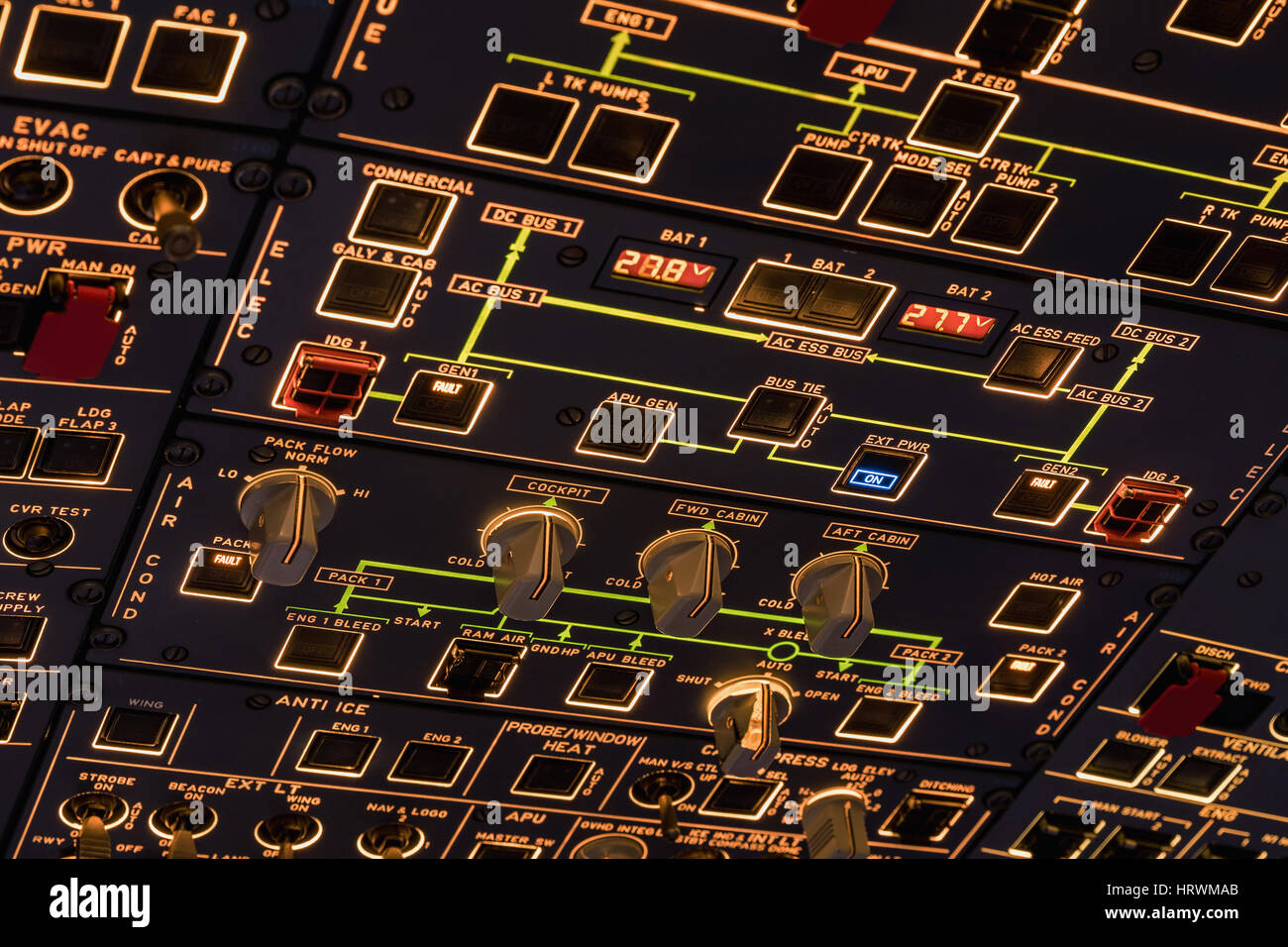 Detailed view of the upper set of switches in a large airliner ...