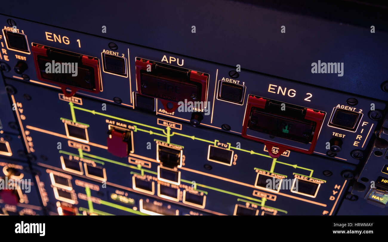 Detailed view of the upper set of switches in a large airliner ...
