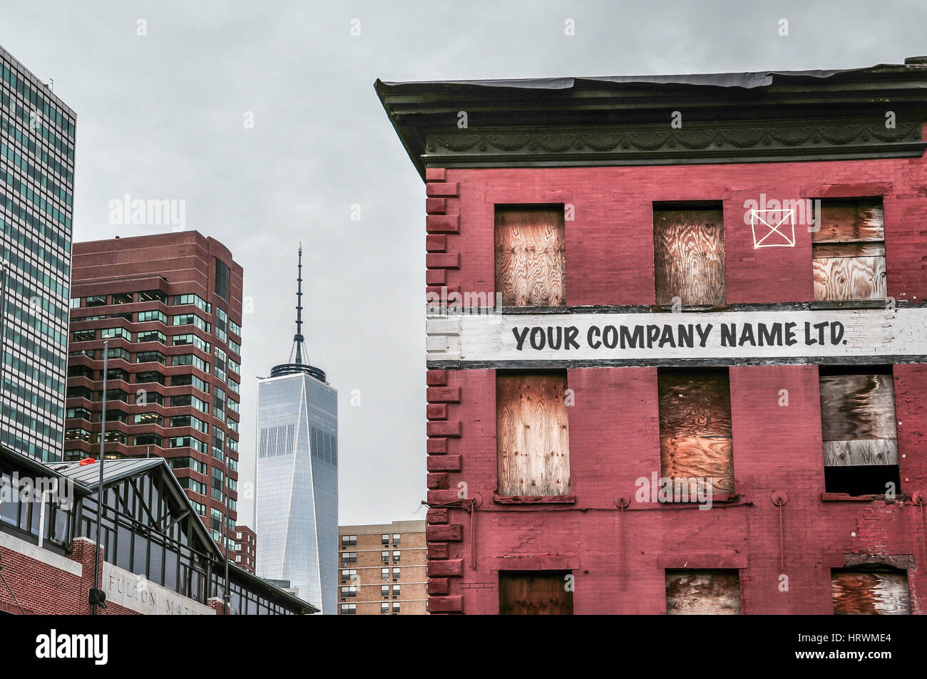 Company name on a old bankrupt building in New York Stock Photo - Alamy