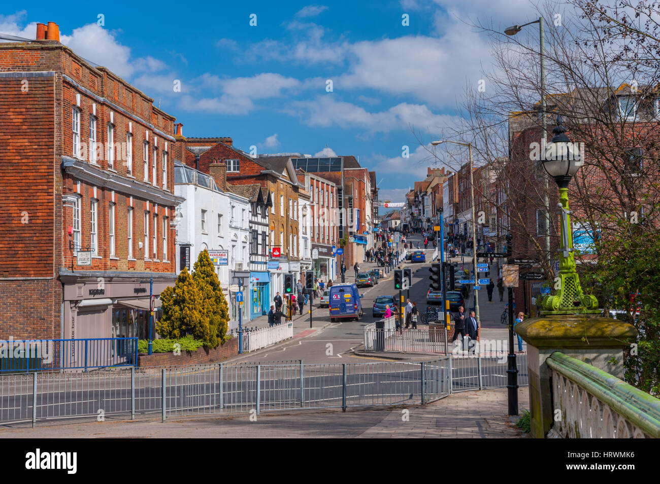 Looking up Guildford High St from Guildford town Bridge on a sunny ...